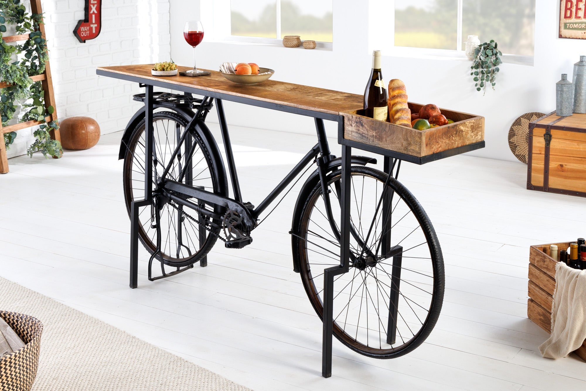 Console rétro BICYCLE 195cm table de bar vélo en bois de manguier upcy