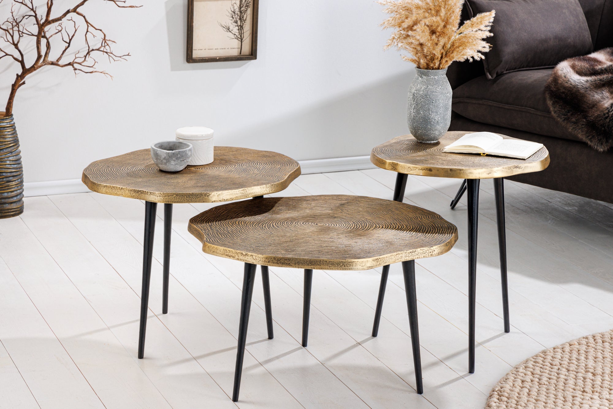 Lot de 3 tables d'appoint ORGANIC 60/50/40cm laiton antique métal rond